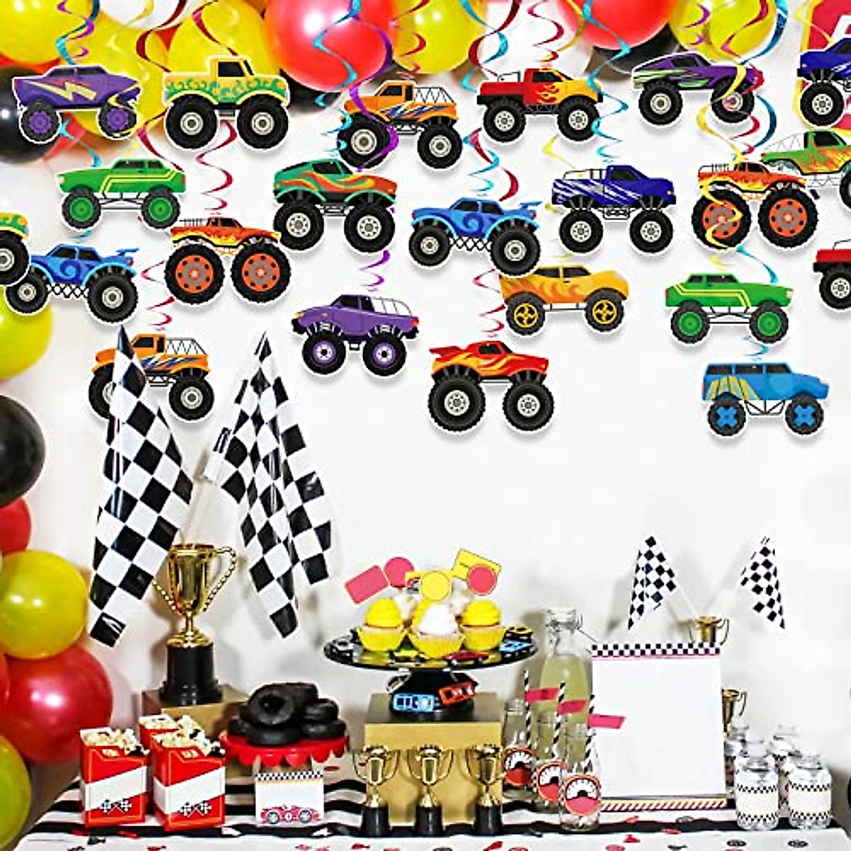 Truck Hanging Swirl Banner Party Decorations 60 Pieces Race Car Cutout Glitter Foil Streamers for Kids Racing Car Birthday Party Supplies Baby Shower Home Wall Ceiling Garden Decor