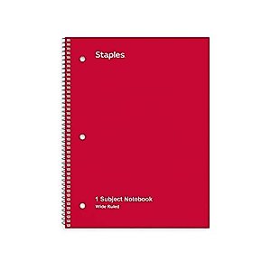 STAPLES 321463 1-Subject Notebook 8-Inch X 10.5-Inch Wide Rule 70 Sh. Assorted (27497M)