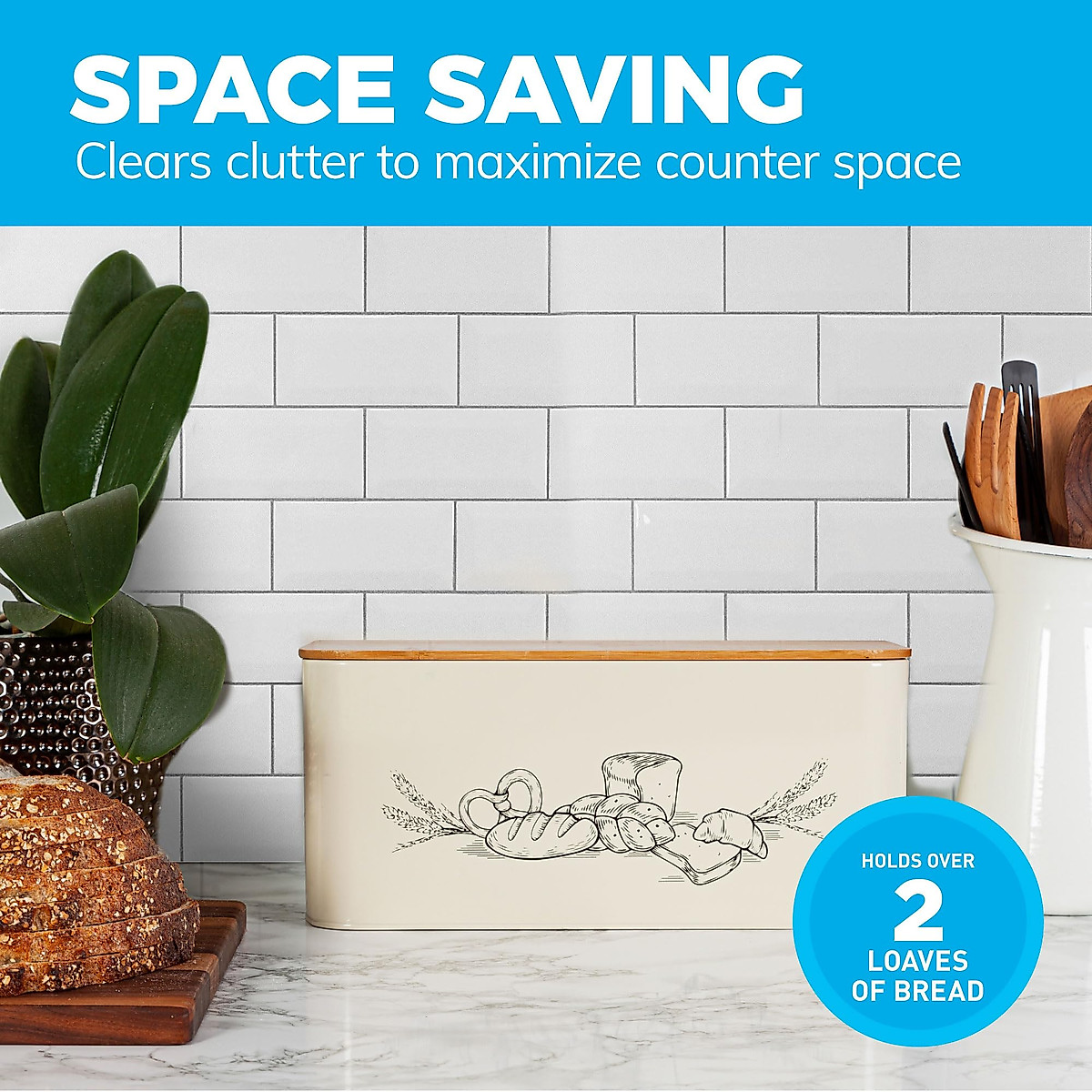 Extra Large Bread Box for Kitchen Countertop with Bamboo Cutting Board Lid - Vertical Space Saving Bread Holder Keeper Holds 2 Loaves - White Cream Farmhouse Breadbox Bread Storage, Bread Container