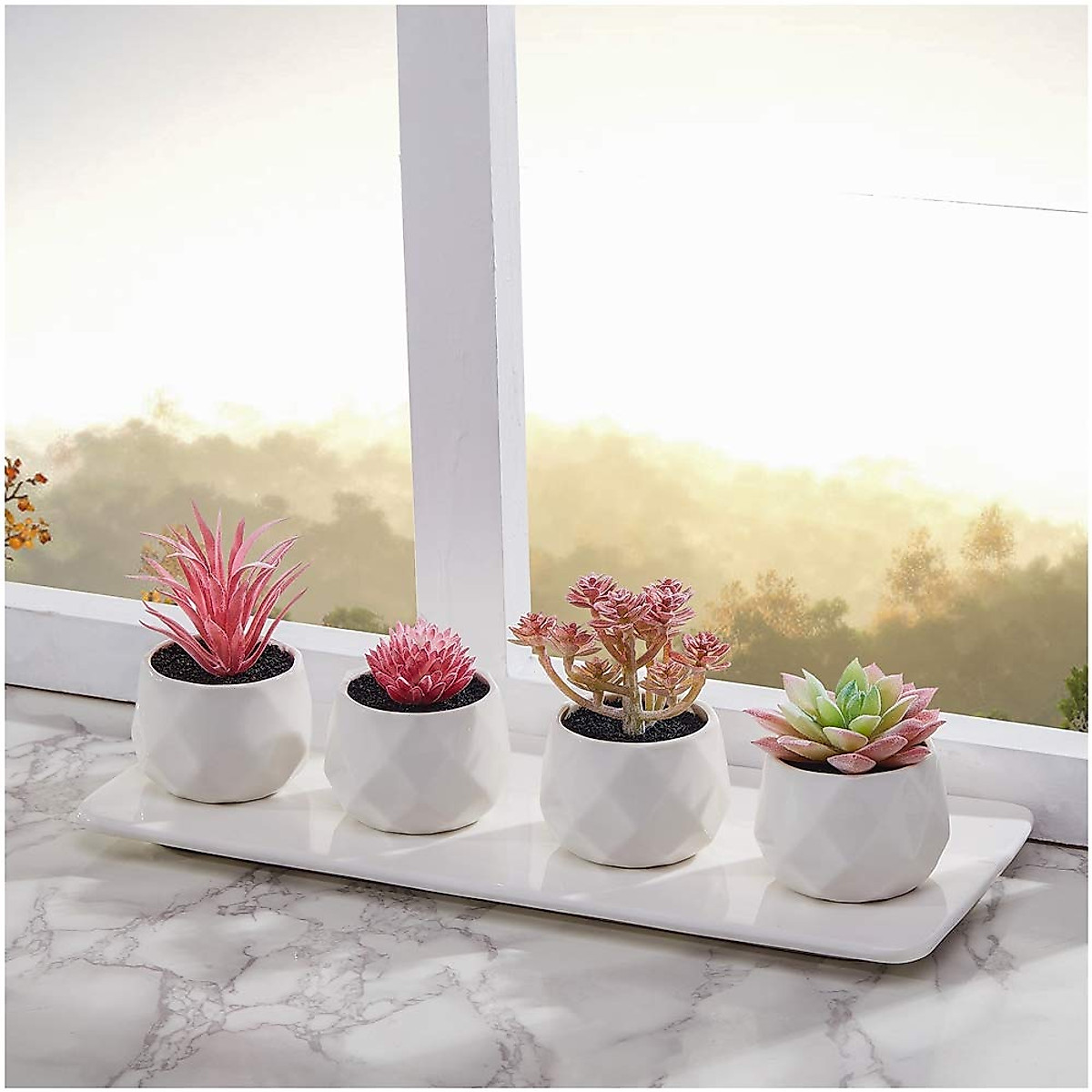 CADNLY Fake Succulent Plant Set - Artificial Desk Plants for Women Desk - Realistic Faux Succulents in Ceramic Pots - Mini Pink Decor for Bedroom Bathroom Office Shelf Decor