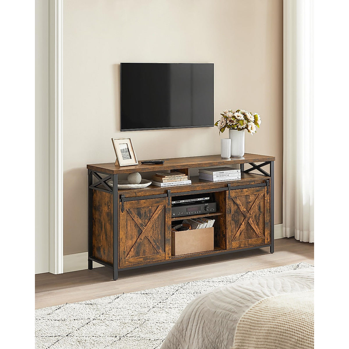 VASAGLE TV Stand for 65 Inch TV, Entertainment Center, TV Table and Console, TV Cabinet with Adjustable Shelves, Industrial Design, Rustic Brown and Black ULTV071B01