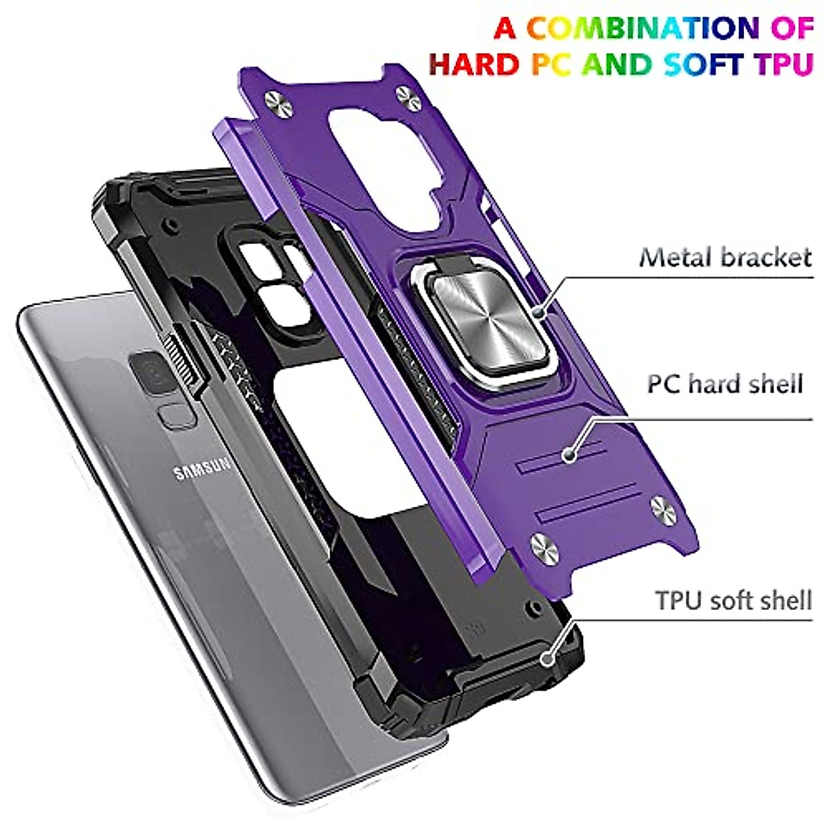 AYMECL for Galaxy S9 Case,Samsung S9 Case with 3D Curved HD Screen Protector[2 Pack],Military Grade Double Shockproof with Kickstand Protective Case for Samsung Galaxy S9-Purple