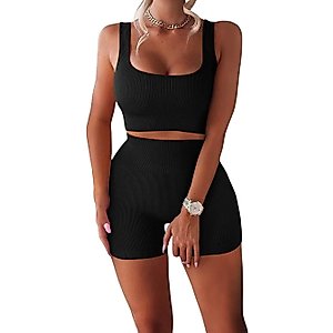 TWFRHC Women's Workout Sets Ribbed Tank 2 Piece Seamless High Waist Gym Outfit Yoga Shorts Sets