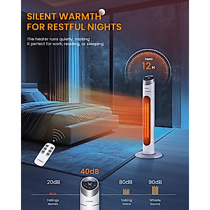 Space Heater, 34" Space Heater for Large Room with Remote, 1500W Tower Heater with 12H Timer, 70° Oscillating, Adjustable Thermostat, Overheating & Tip-over Protection, Indoor Use, White