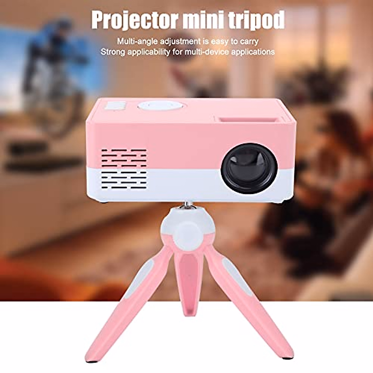 Mini Projector, 1080P Hi‑Fi Stereo Video Media Projector Movie Projector with Rack & Remote Control, 60'' Projector Screen, Portable Projector Home Theater for Entertainment (White Pink)