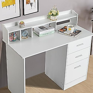 Karl home White Computer Desk with Drawers ＆ Hutch, Modern Home Office Desks with Storage for Kids Students Teens, Small Wood Table for Work Study Gaming Writing, PC Laptop Workstation