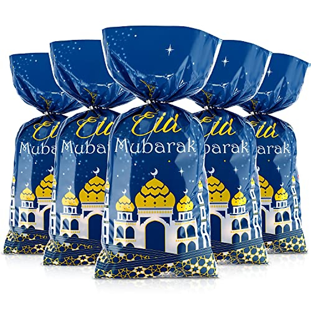 100 Pieces Eid Mubarak Party Treat Bags, Ramadan Theme Printed Pattern Gift Bags Cellophane Clear Plastic Goodie Favor Bags with Silver Twist Ties for Eid Mubarak Party