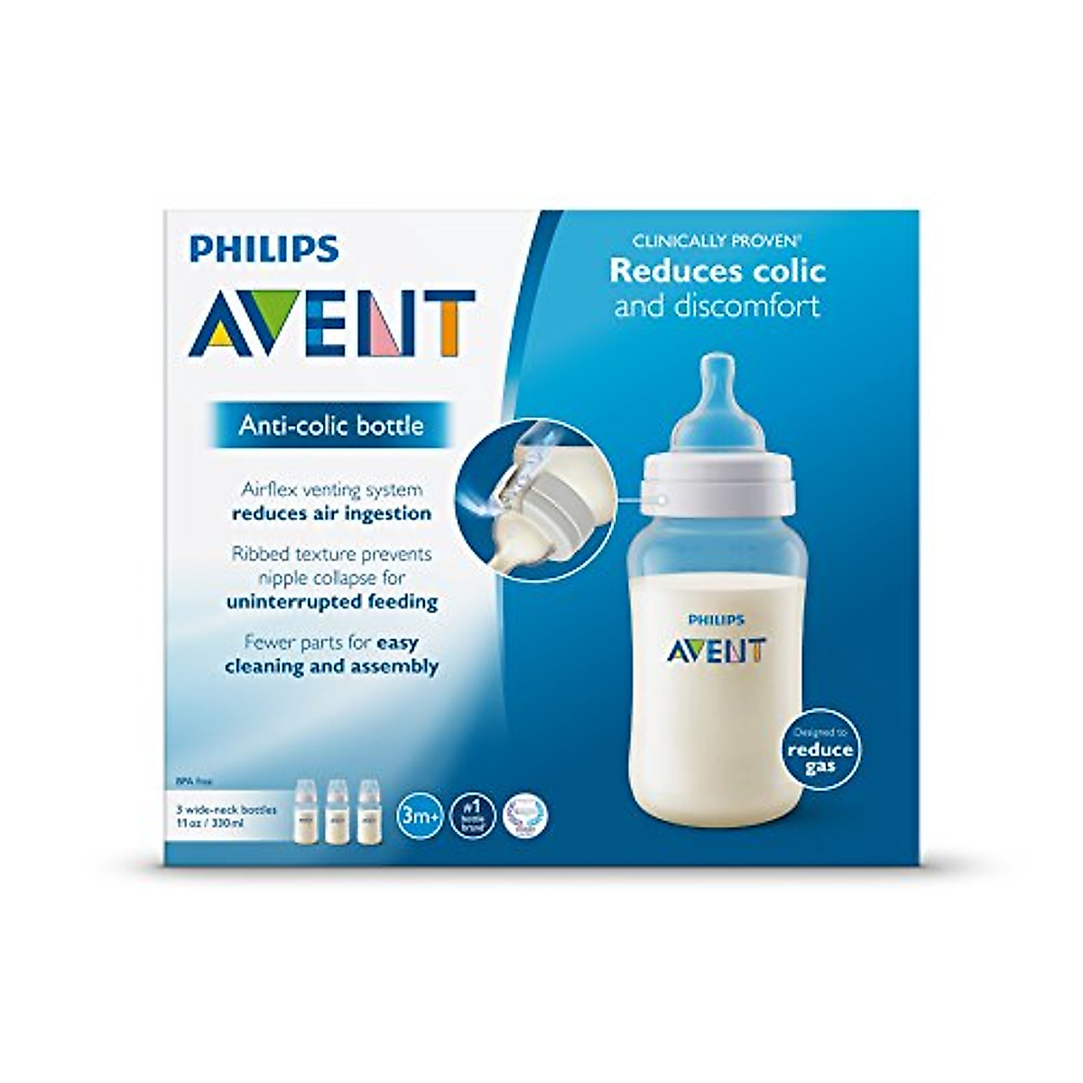 Philips Avent Anti-colic Baby Bottles Clear, 11oz, 3 Piece