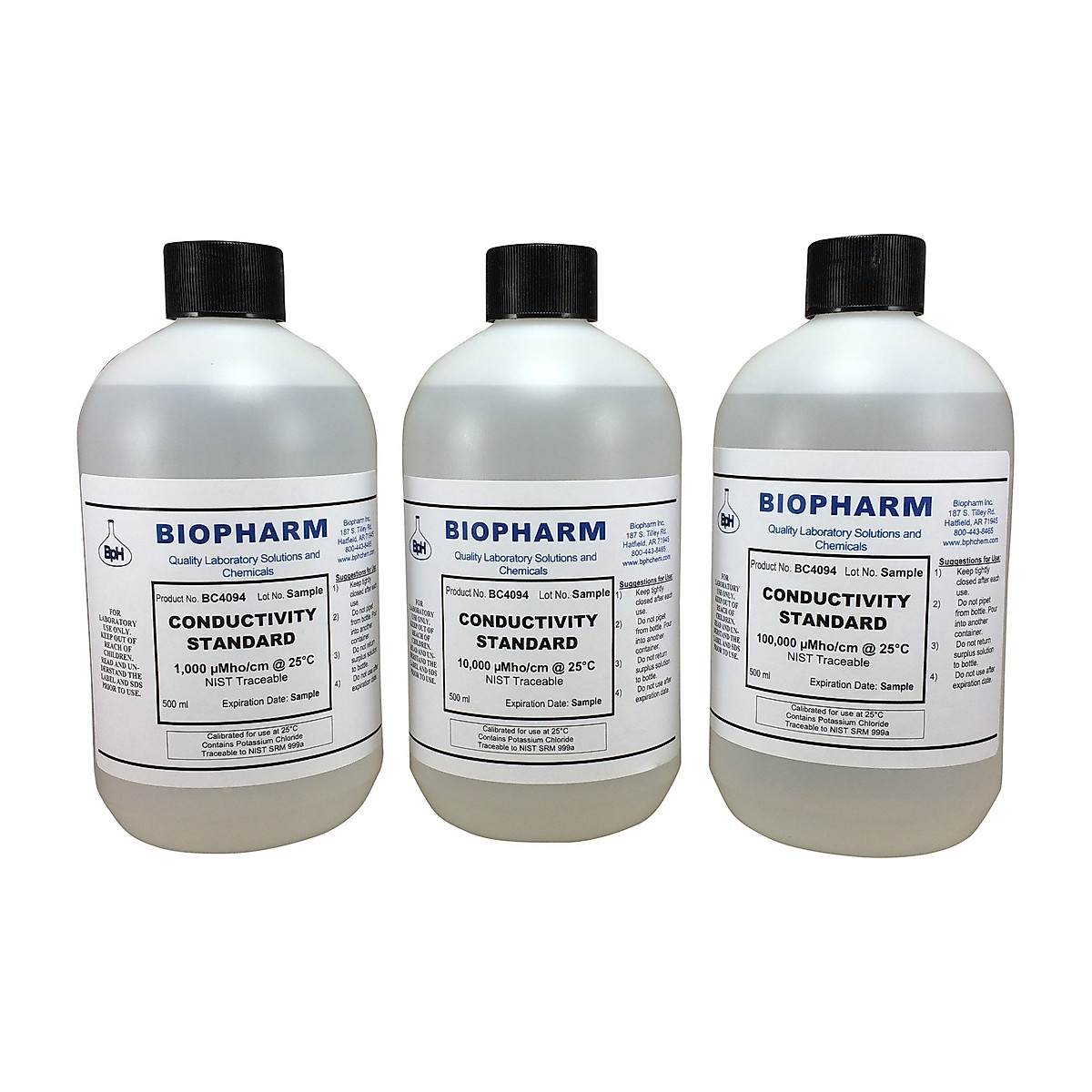Conductivity Calibration Standard 3-Pack — 500 mL (1.06 Pint) Each: 1,000 μS, 10,000 μS and 100,000 μS