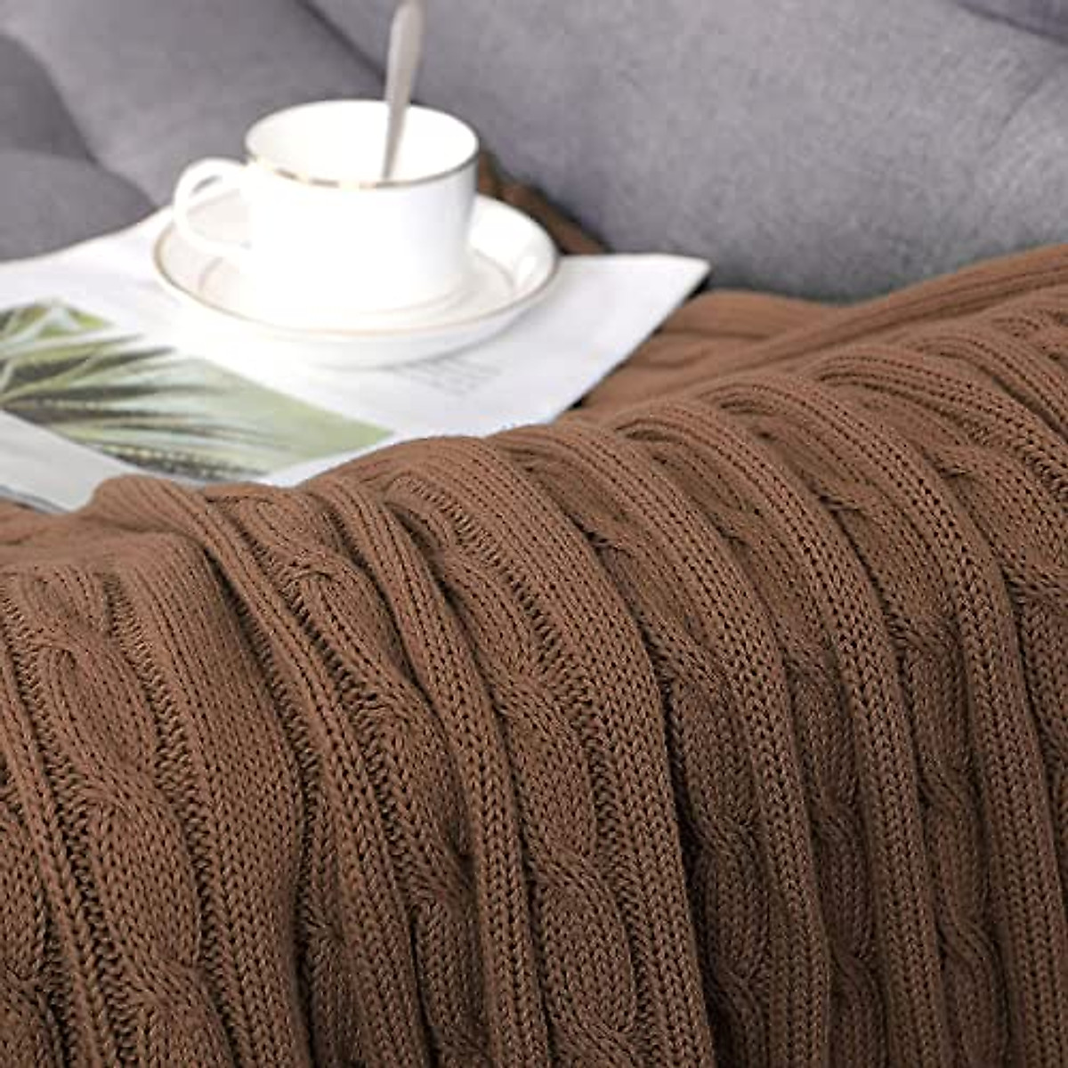 Alysheer 100% Cotton Cable Knit Throw Blanket 57 x 63 in, All Weather Chic Sweater Knitted Textured Soft Warm Lightweight Decorative Sofa Throws for Couch Bed Outdoor Chair(Coffee Light Brown)