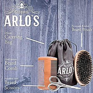 Arlo's 5-PC Mens Premium Beard Grooming Kit w/ Argan Beard Oil 2.5oz -Beard Oil, Beard Brush, Beard Comb, Beard Scissors & Carry Bag