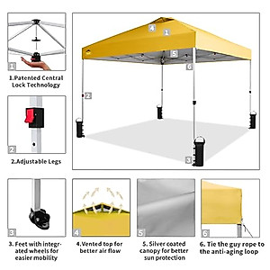 CROWN SHADES Canopy Tent 10x10 Pop Up Canopy Outdoor Shade, Easy Up Sun Shelter with One Person Set Up Center Lock, Portable Instant Tailgate Camping Beach Canopy Tents for Parties, Yellow