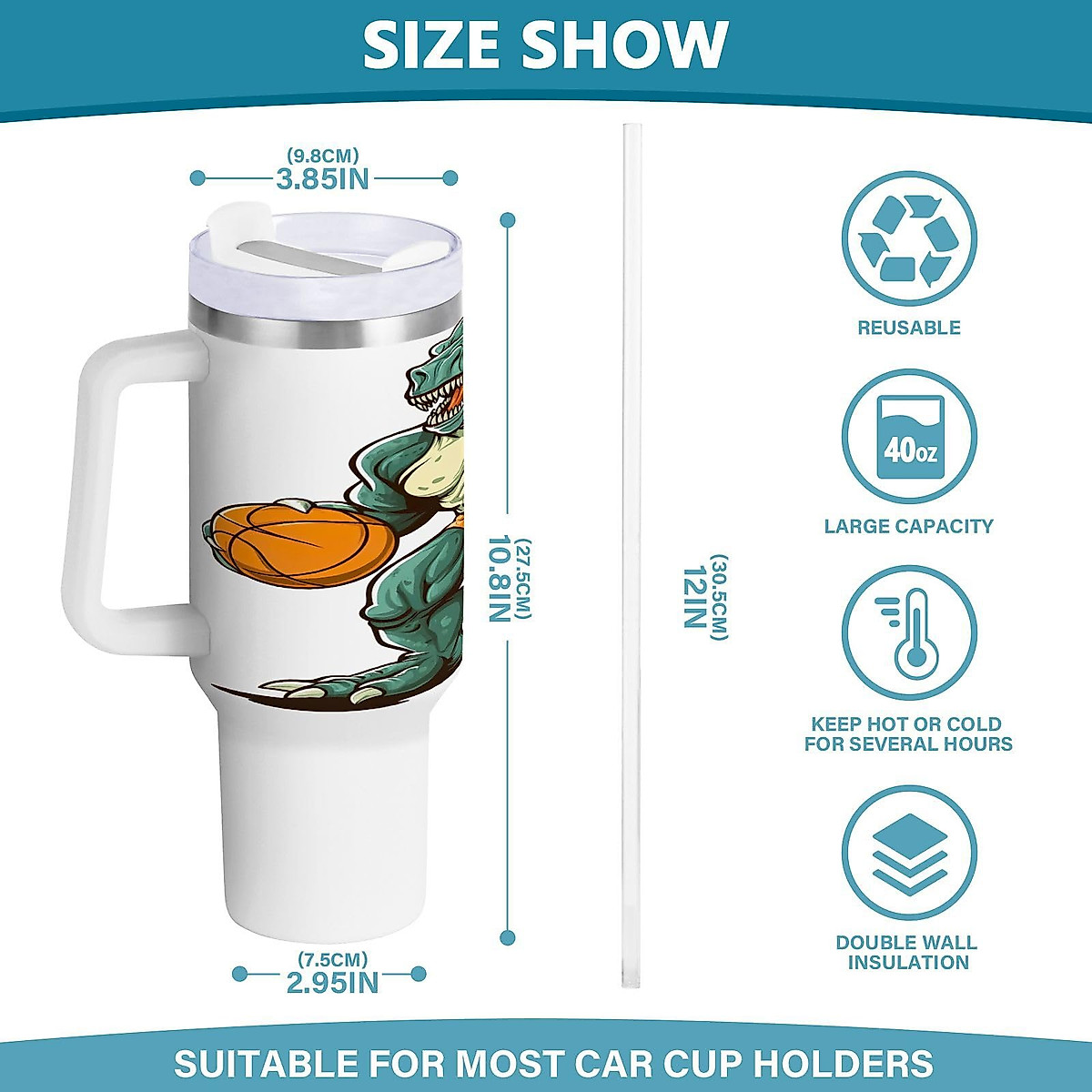 Jihqo Dinosaur Playing Basketball 40 oz Stainless Steel Vacuum Insulated Tumbler with Handle and Straw Lid Reusable Leakproof Water Bottle Double Wall Travel Mug Coffee Cup, Cupholder Friendly