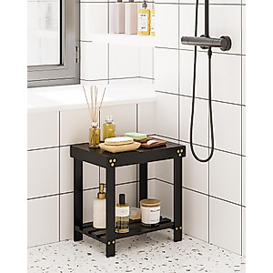 Bamneat Small Bamboo Bathroom Shower Bench with Storage Shelf, Durable Shower Stool for Shaving Legs, Indoor and Outdoor Use, Black