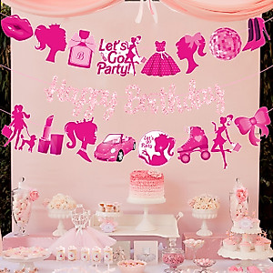 3Pcs Hot Pink Girl Happy Birthday Banners Pink Glitter Hot Pink Princess Birthday Party Decorations for Girls Doll Theme Baby Shower Ladies Bachelorette Party Supplies