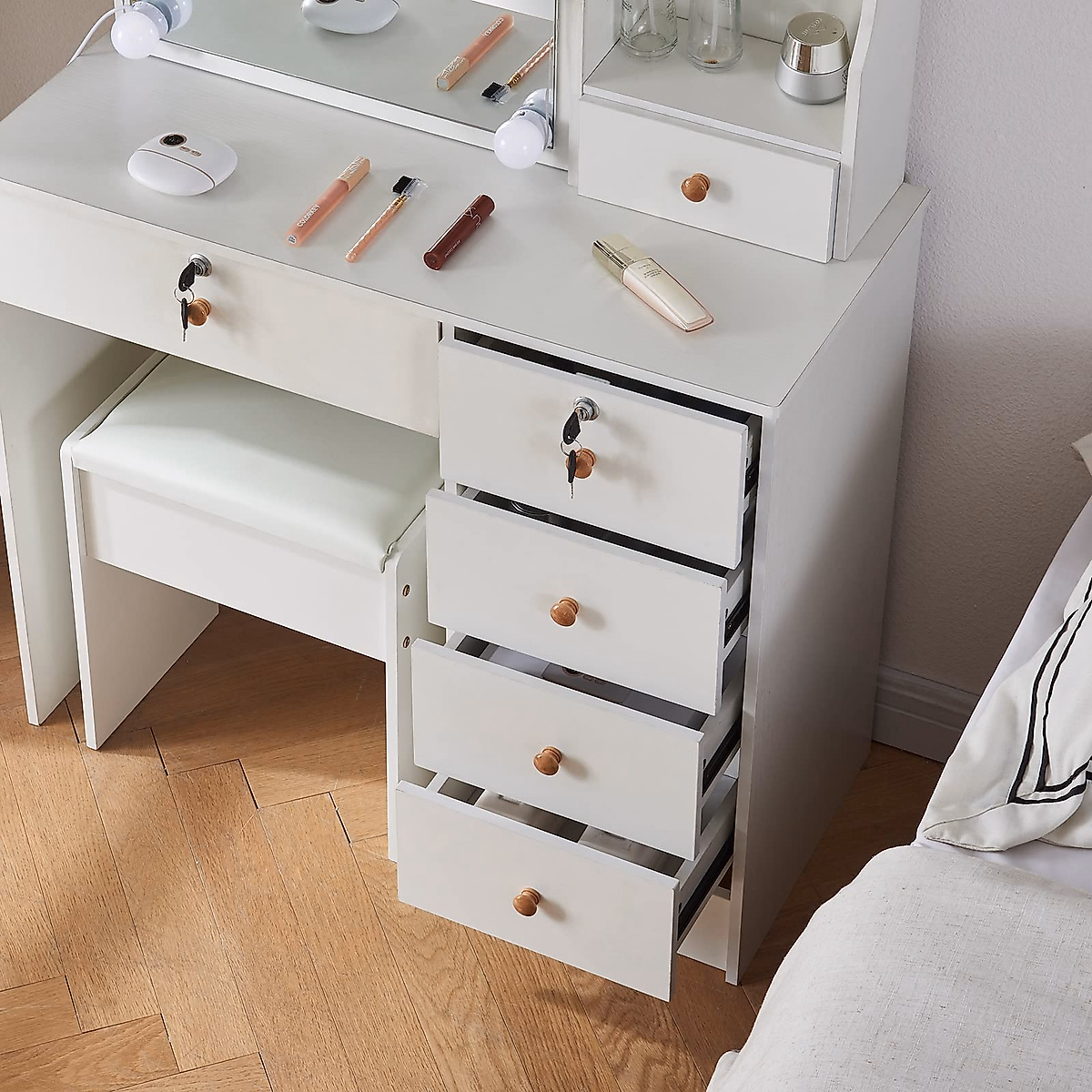 White Makeup Vanity with Lighted Mirror, Vanity Table with Storage Drawer, Dressing Table with Cushioned Stool and for Bedroom, Makeup Room (Modern Vanity 005)