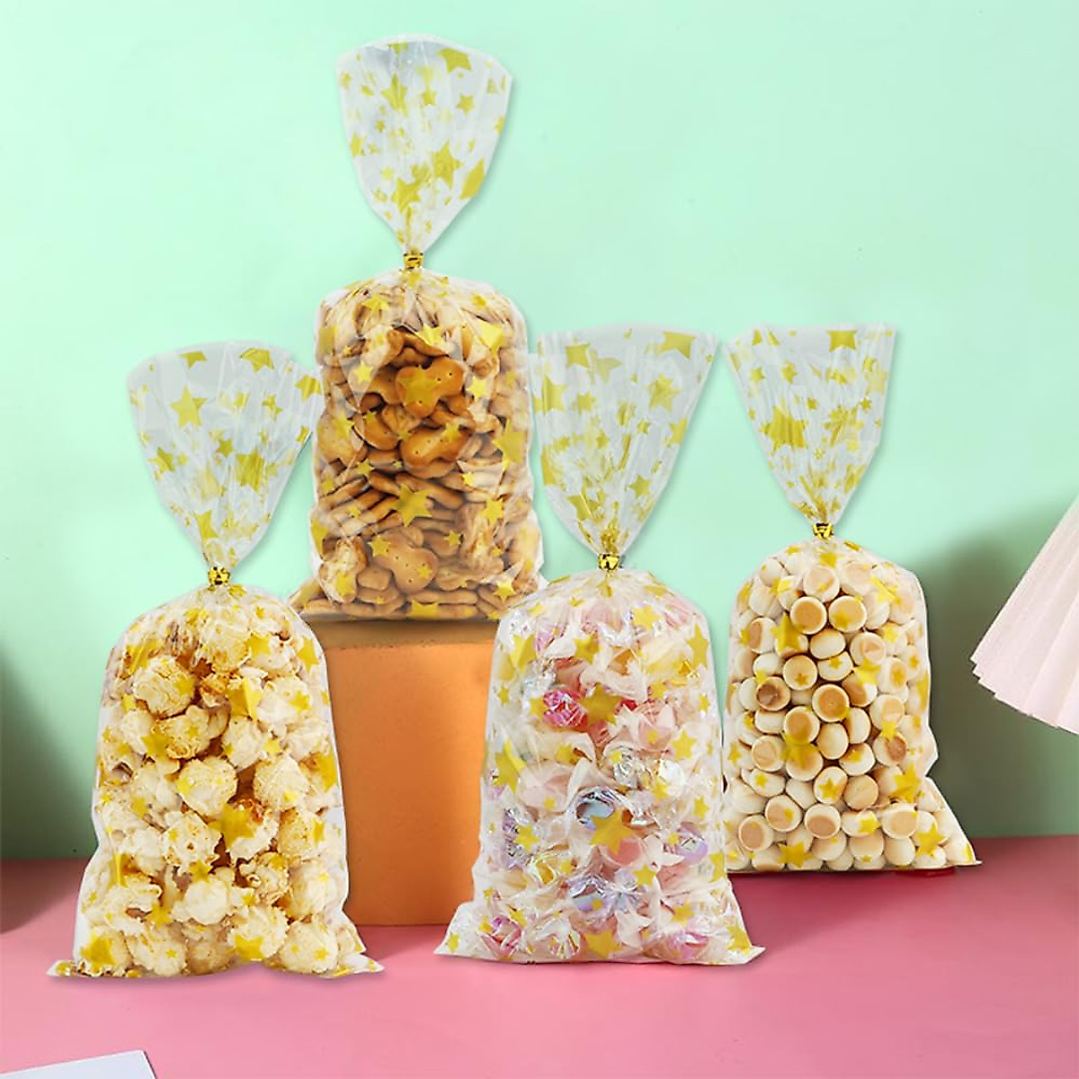 Cellophane Bags, 100 PCS Star Printed Cellophane Treat Bags, 10.7"X 5" Cello Goodie Bags Cookie Bags, Clear Party Favor Bags, Plastic Gift Wrap Candy Bags with Twist Ties for Birthday Wedding Bakery
