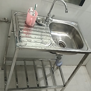 QHDPKU Freestanding Single Bowl Sink Commercial Restaurant Stainless Steel Sinks W/Workbench & Storage Shelves, Outdoor Kitchen Sink for Patio, Garden, Outdoor, 30 X 16 X 30 in