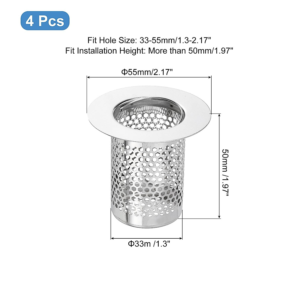 uxcell 2 Pack Shower Drain Strainer, 2" x 2.2" Stainless Steel Floor Drain Strainer Deep Sink Hair Catcher for Kitchen Bathroom Balcony Floor Drain, Fit Hole Size from 1.38" to 2.17"