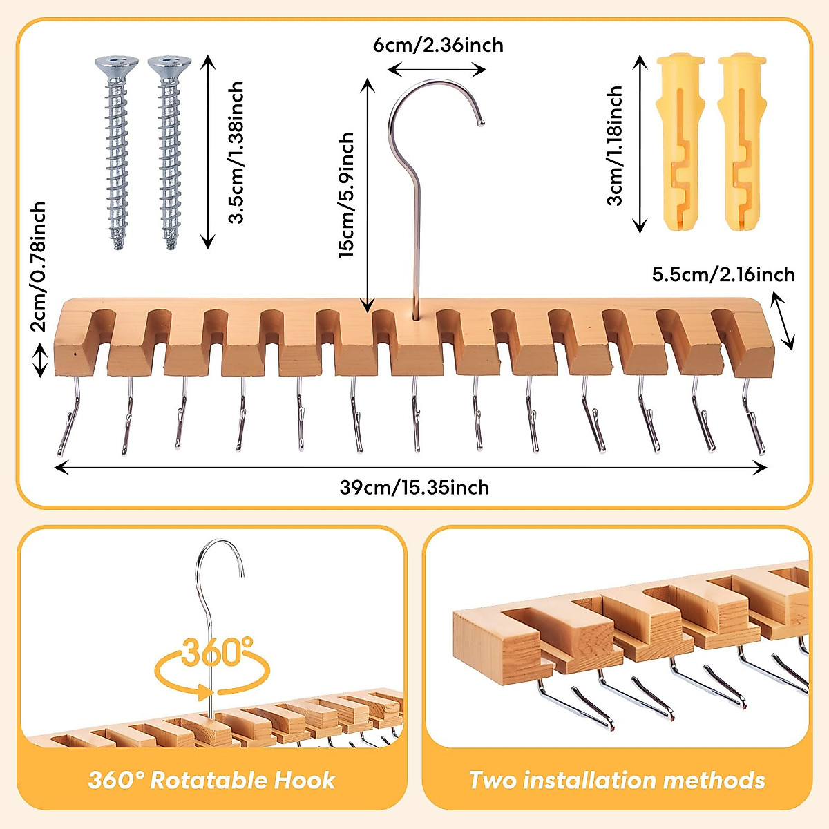 2 Pack Tie Rack Belt Hanger for Closet, 2 in 1 Tie Organizer Wall Mount, 12 Belts + 11 Ties Holder for Men, Wooden Belt Holder Storage for Belts Scarves