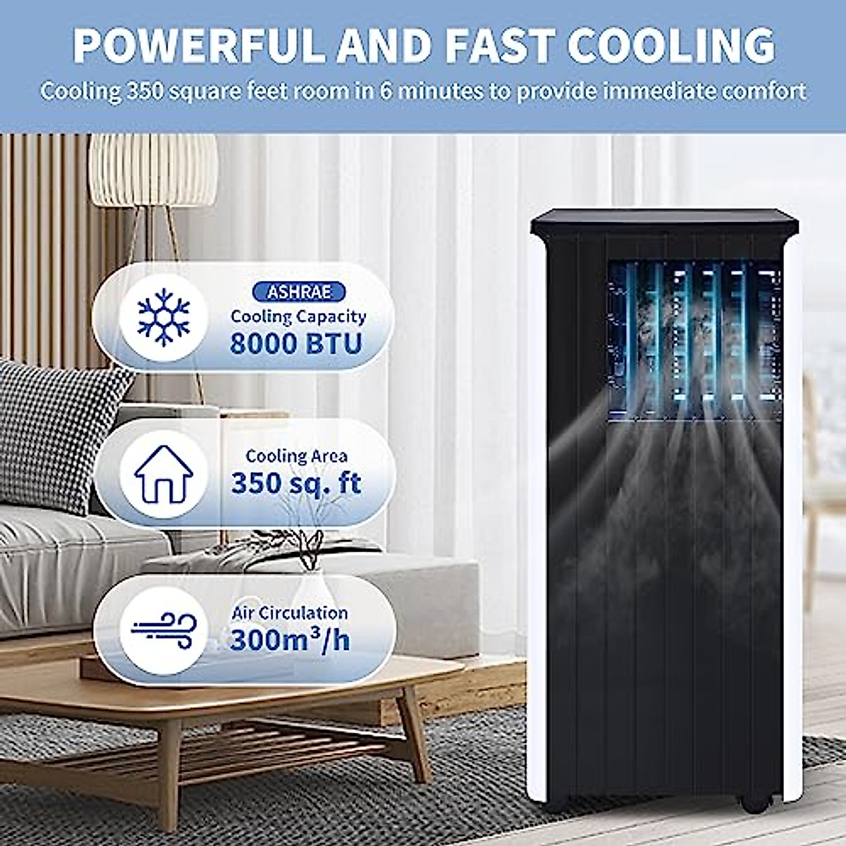 DENBIG Portable Air Conditioner for Room up to 350 sq.ft, 8,000 BTU A/C Unit with Dehumidifier and Cooling Fan with 2 Speeds, 24-Hour Timer, Sleep Mode, Remote Control, Window Installation Kit
