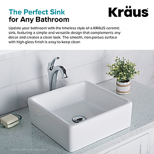 Kraus KCV-120 Square Ceramic Bathroom Sink, White, 15 Inch