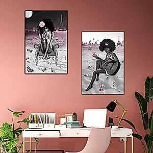 2 Pieces African American Wall Art Black Girl Fashion Posters Pink and Black Beach Eiffel Tower Painting Picture Modern Artwork for Bathroom Living Room Home Wall Decor (12x18 inch)