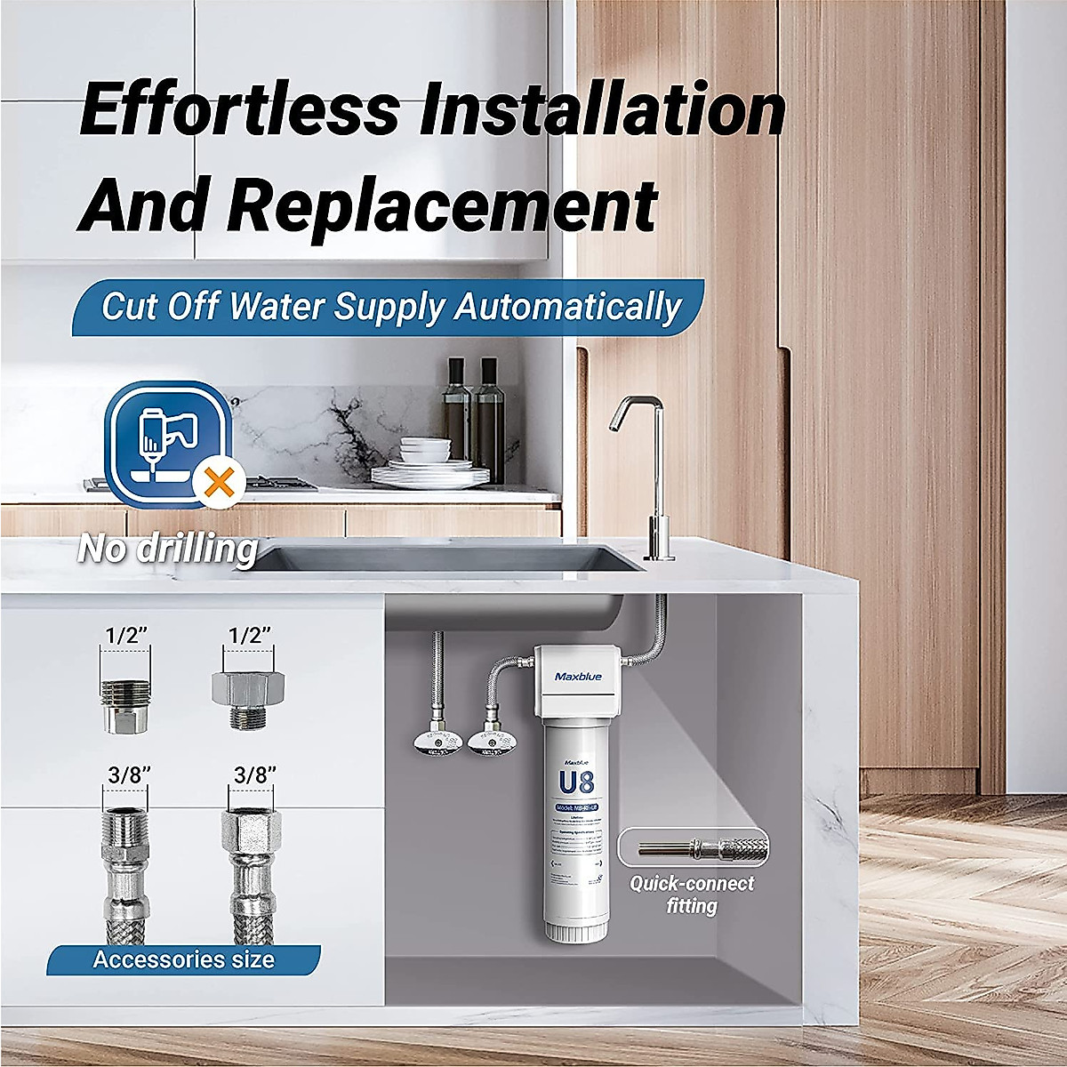 Maxblue U8-ST Under Sink Water Filter System, 2 Years High Capacity, Reduces Lead, Chlorine, Heavy Metals, Bad Taste & Odor, Under Counter Water Filter Direct Connect to Kitchen Faucet, USA Tech