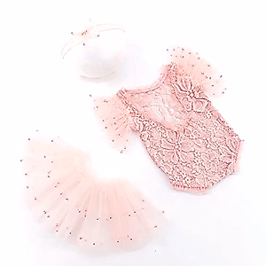 Pink Lace Newborn Photography Outfits Girl Newborn Photography Props Pearl Lace Rompers Newborn Girl Lace Romper Photoshoot Outfits Baby Photo Props (Short Sleeve, Pink, 0-2Months)