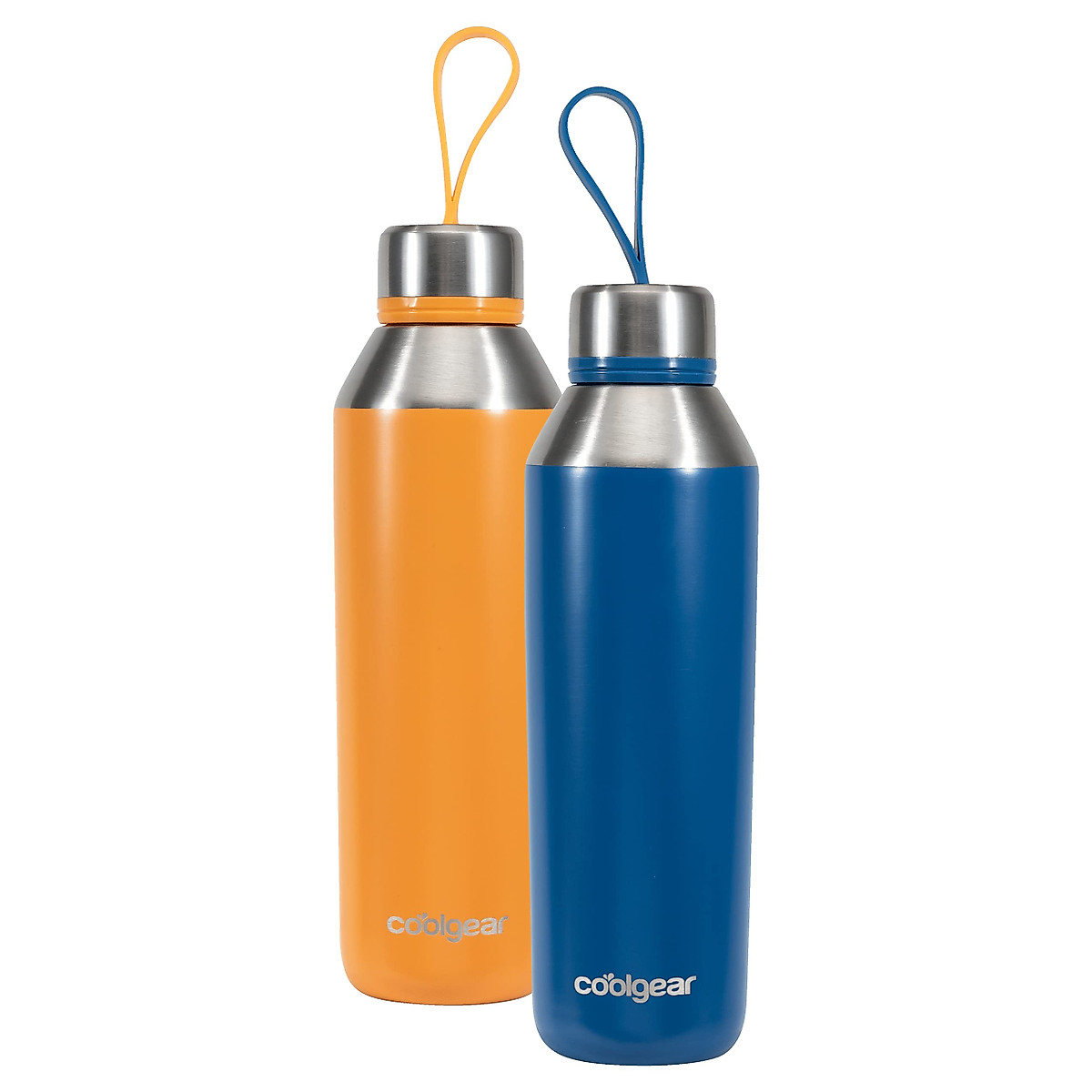 Cool Gear Stainless Steel Double Walled Vacuum Insulated Tyler Water Bottle, with Threaded Loop Lid, 17 Ounce (2 Pack) - Blue/Orange