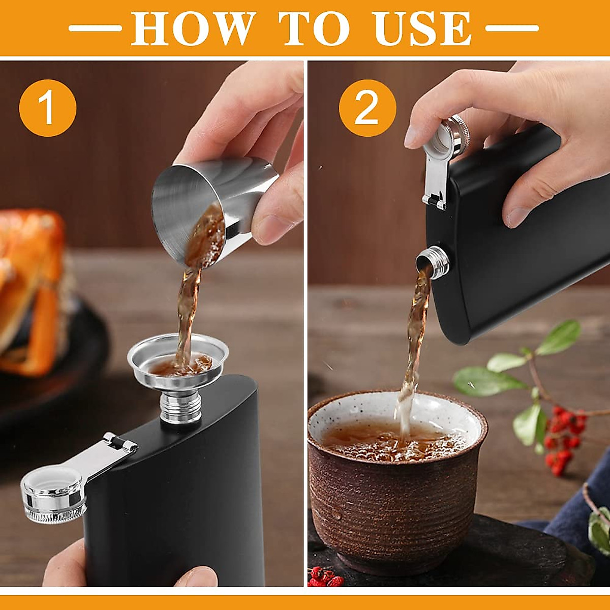 6pcs/set 8oz 12oz Party Camping Barbecue Stainless Steel Hip Flask With Funnel,Stainless Steel Shot Cup,for Men & Women(Black)