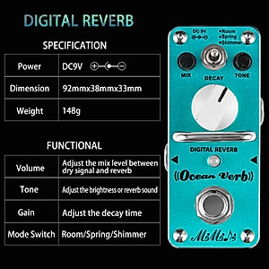 MIMIDI Digital Reverb Guitar Effect Pedal with True Bypass 3 Modes Room Spring Shimmer Portable Mini for Electric Guitar And Bass