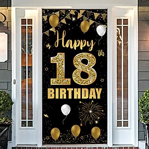 18th Birthday Door Banner Backdrop, Happy 18th Birthday Decorations for Girls Boys Black Gold, 18 Years Old Birthday Party Photo Props Yard Sign for Outdoor Indoor, Sturdy, Vicycaty