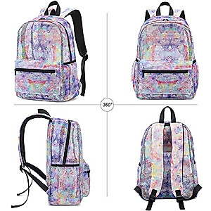 LEDAOU Mesh Backpack for Kids Girls Semi-Transparent Mesh School Backpack Bookbag Lightweight Casual Daypacks for Beach Gym Travel (Tie Dye Purple)