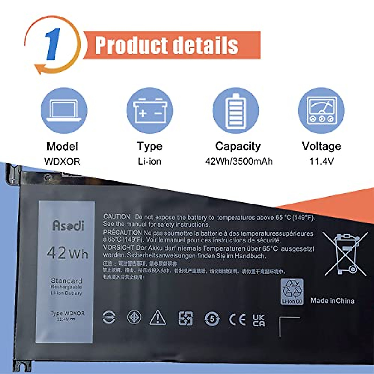 WDXOR WDX0R 42Wh Laptop Battery Compatible with Dell Inspiron 13 15 5000 7000 5570 7579 7378 5567 5565 5379 5378 Latitude 3490 3590 3340 3400 3390 3500 3190 Vostro 5468 5568 P69G Y3F7Y 3CRH3 11.4V