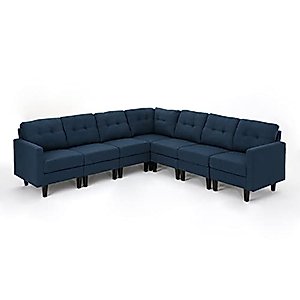 Christopher Knight Home Emmie Mid-Century Modern 7-Piece Extended Sectional Sofa, Navy Blue / Dark Brown