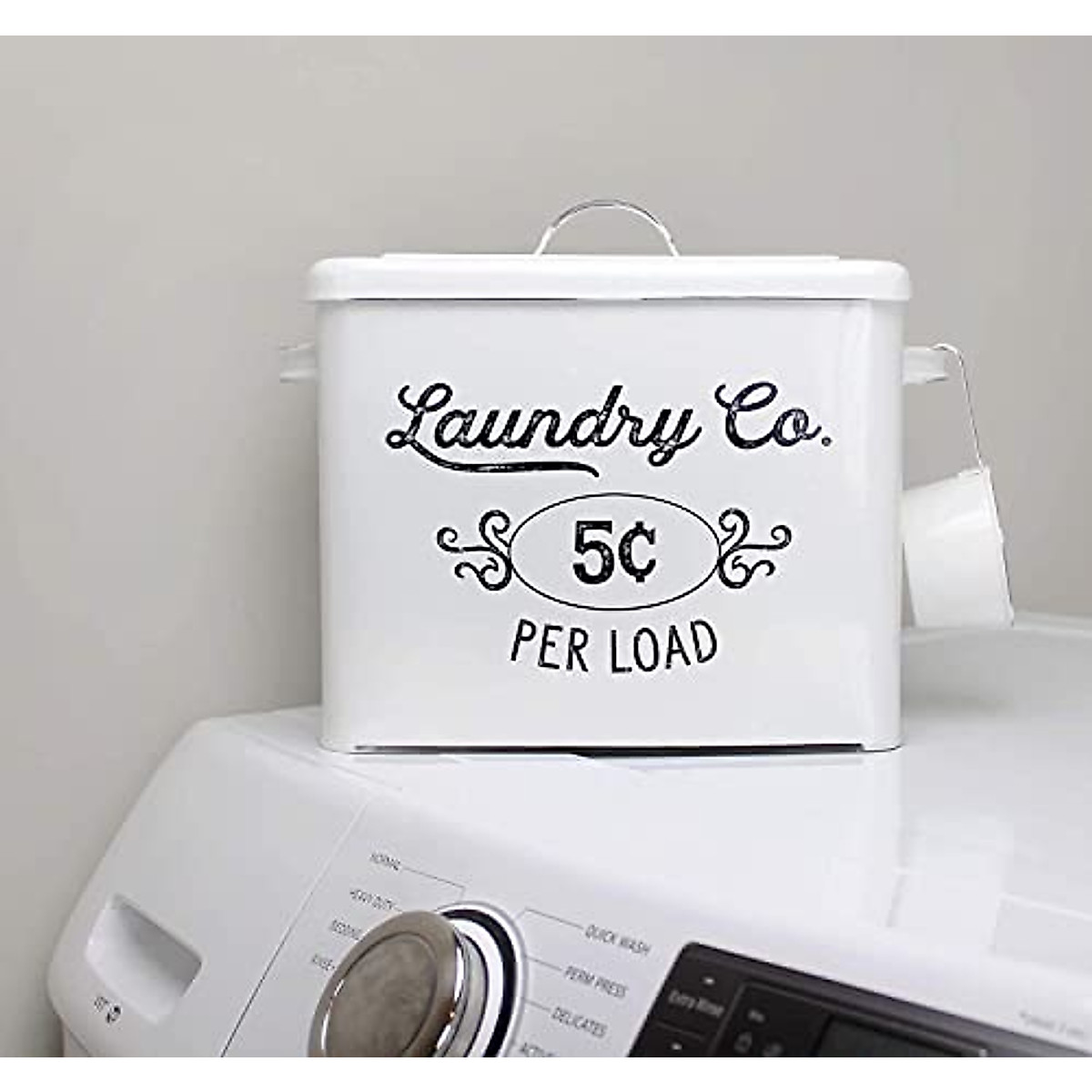 AuldHome Farmhouse Laundry Powder Container, White Enamelware Detergent Bin with Scoop