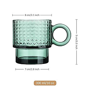 Joeyan Green Glass Coffee Mugs with Handle,Stackable Glass Coffee Cups with Diamond Design,Embossed Drinking Glasses for Espresso Cappuccino Latte Tea Milk,10 oz,Set of 4,Dishwasher Safe