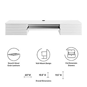 Modway Render 60" Mid-Century Modern Wall-Mount Office Desk in White