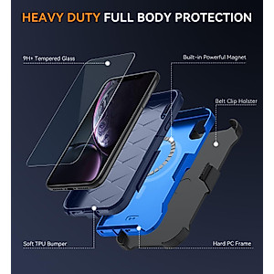 CONWOE for iPhone XR Case with Belt-Clip Holster[2Pcs Glass Screen Protector] [Dual Layer Military Grade Protection] [Support Magsafe] Shockproof Phone Case for iPhone XR 6.1 Inch (dark blue)