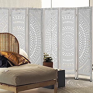 6 Panel Room Divider,Cutout Wood Room Dividers and Folding Privacy Screens,Foldable Natural Wooden Lightweight Room Partition for Office, Bedroom,Terrace(White)