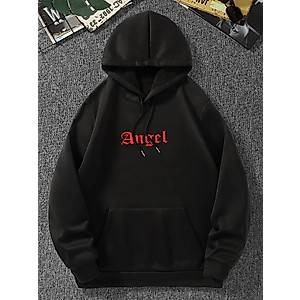 WDIRARA Men's Letter Graphic Print Drawstring Pocket Hoodie Pullovers Sweatshirt Black M