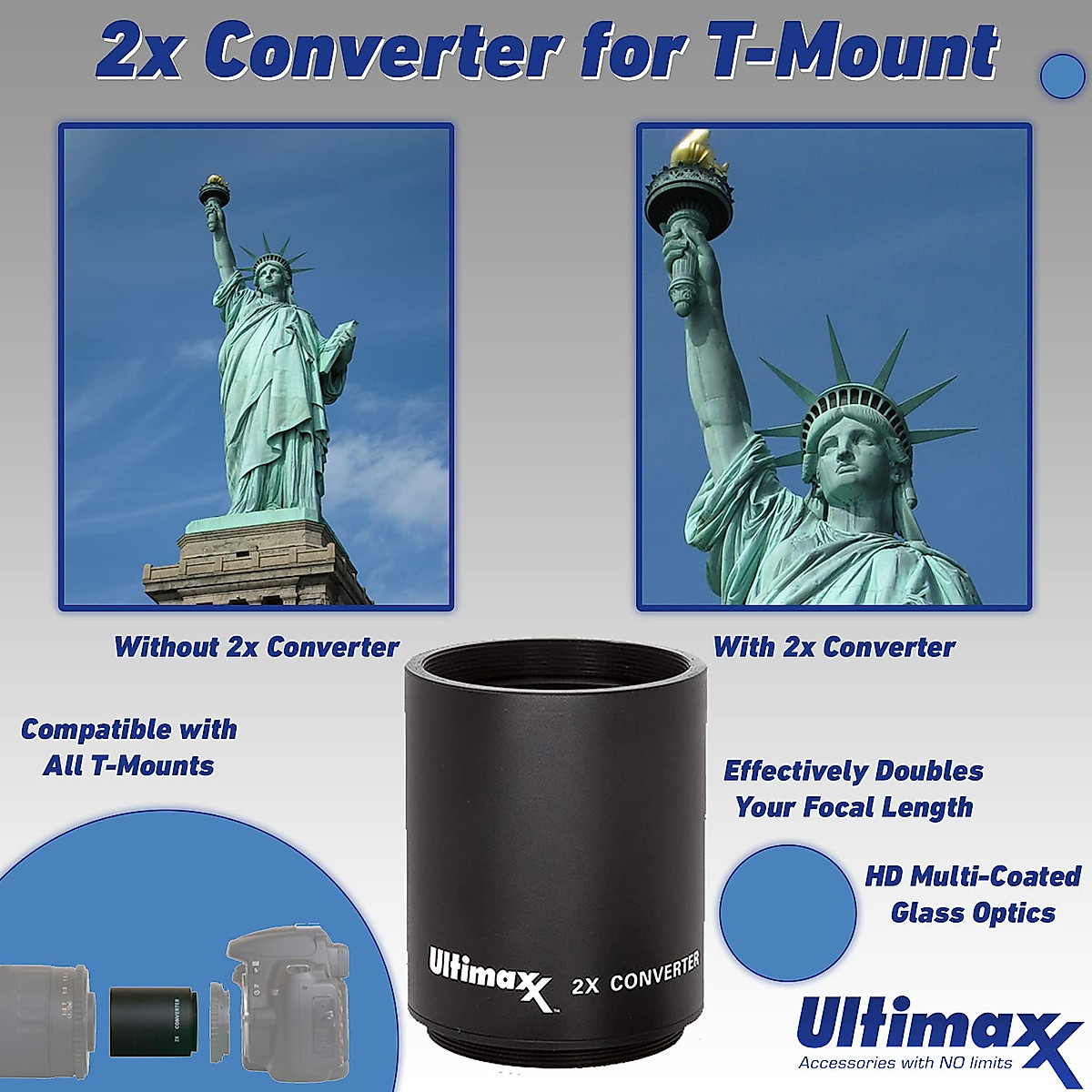 Ultimaxx 420-800mm (w/Converter 840-1600mm) f/8.3-16 Manual Telephoto Zoom T-Mount Lens Kit for Canon EOS Rebel T3, T3i, T4i, T5, T5i, T6, T7 T6i, T6s, T7i, T8i, SL1, SL2, EOS 60D, 70D, 77D, 80D, 90D