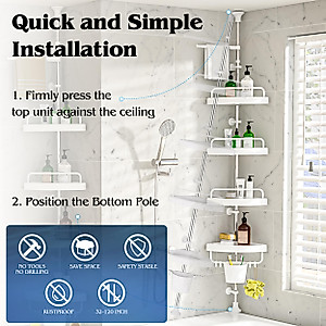EliteCart Rust Proof Shower Caddy Corner Tension Pole – Adjustable Height (32-120 inch), 4 Tier Shelf Bathtub Organizers and Storage – Includes Towel Rack, Tooth Brush Holder and Suction Cups (White)