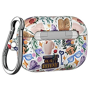 Hard Case Compatible with AirPods Pro 2 | AirPods Pro | AirPods 3 gen 2 1 Design Coffee Read Repeat Shockproof Hook Portable Cute Books Earpods Floral Nerdy Cover Protective Plastic with Keychain