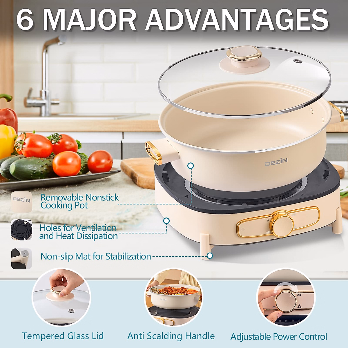 Dezin Electric Shabu Shabu Pot with Removable Pot, 5L Non-Stick Hot Pot Electric with Multi-Power Control, 3.7" Depth Electric Pot with Tempered Glass Lid for Party, Family and Friend Gathering