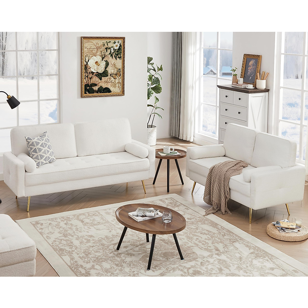 HIFIT 70" White Loveseat Sofa Couch, Mid Century Modern Fluffy Couch with Deep Love Seat & 2 Pillow, Comfy 3-Seater Home Sofa Living Room Small Couches for Small Space,Bedroom,Office, Solid Wood Frame