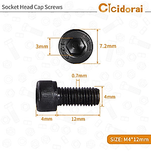 Cicidorai M4-0.7 x 12mm Socket Head Cap Screws, 12.9 Grade Alloy Steel, Black Oxide Finish, Machine Thread, Allen Socket Drive, Quantity 100