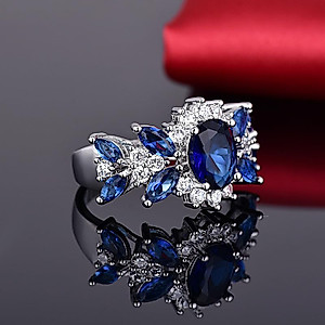 Narica Silver Plated Charming Oval Cut Created Blue Sapphire CZ Cubic Zirconia Filled Eternity Halo Cocktail Wedding Engagement Promise Leaves Floral Band Elegant Women's Flower Ring for Mom Bridal Lover Gift 9#