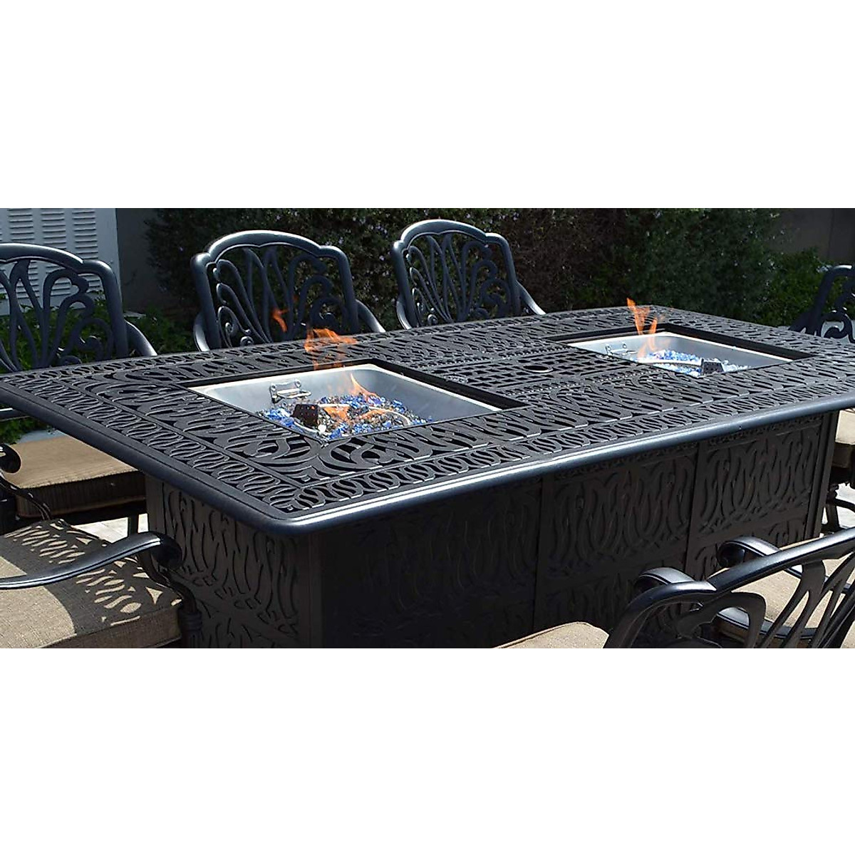 Sunvuepatio 7 Piece Outdoor Cast Aluminum Dining Set with Fire Pit Table All Swivel Rocker Chairs.